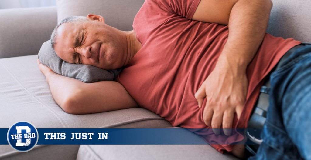 “Eating too Much Candy Causes Stomach Aches,” Warns Dad With Stomach Ache